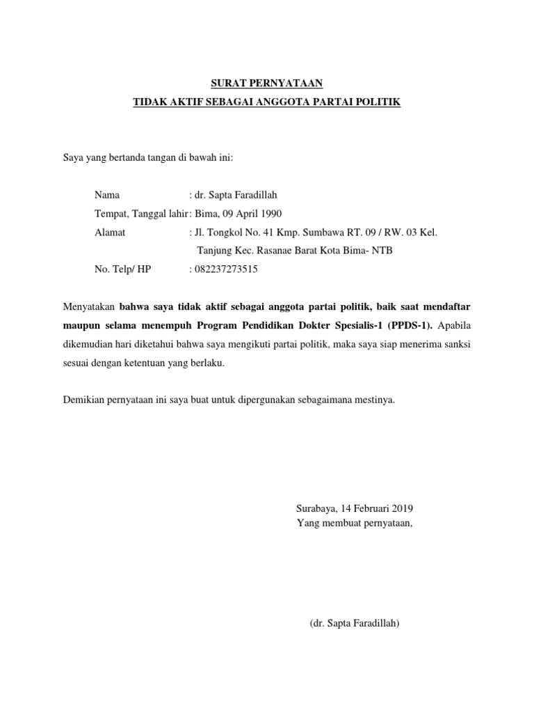 Surat Pernyataan Tidak Aktif Partai | PDF