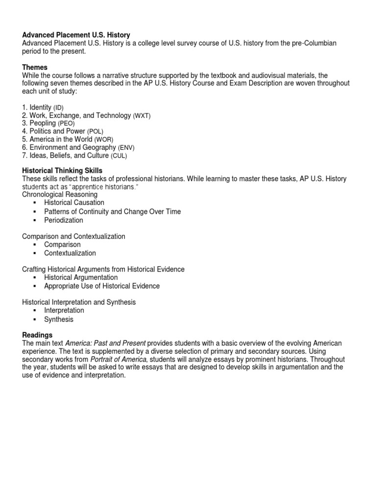 Advanced Placement U.S. History: (ID) (WXT) (PEO) (POL) (WOR) (ENV ...