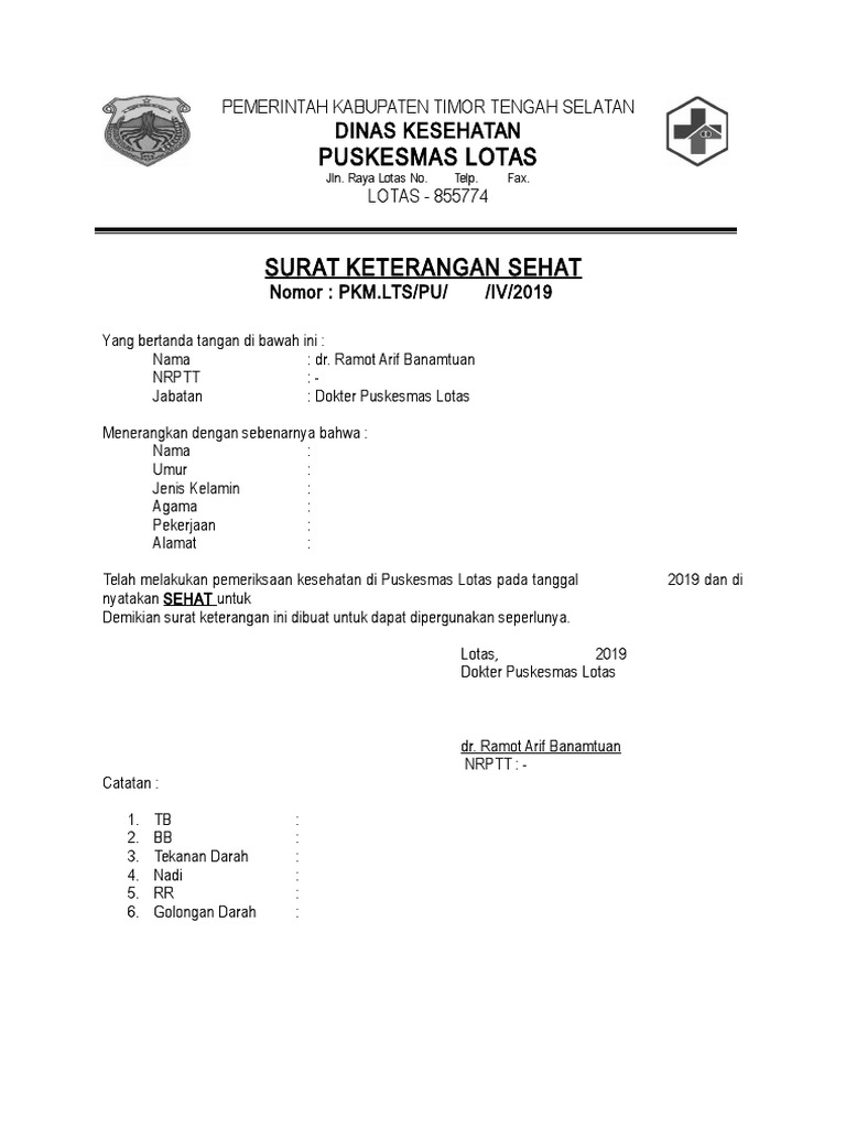 Surat Ket Sehat PKM Lotas | PDF