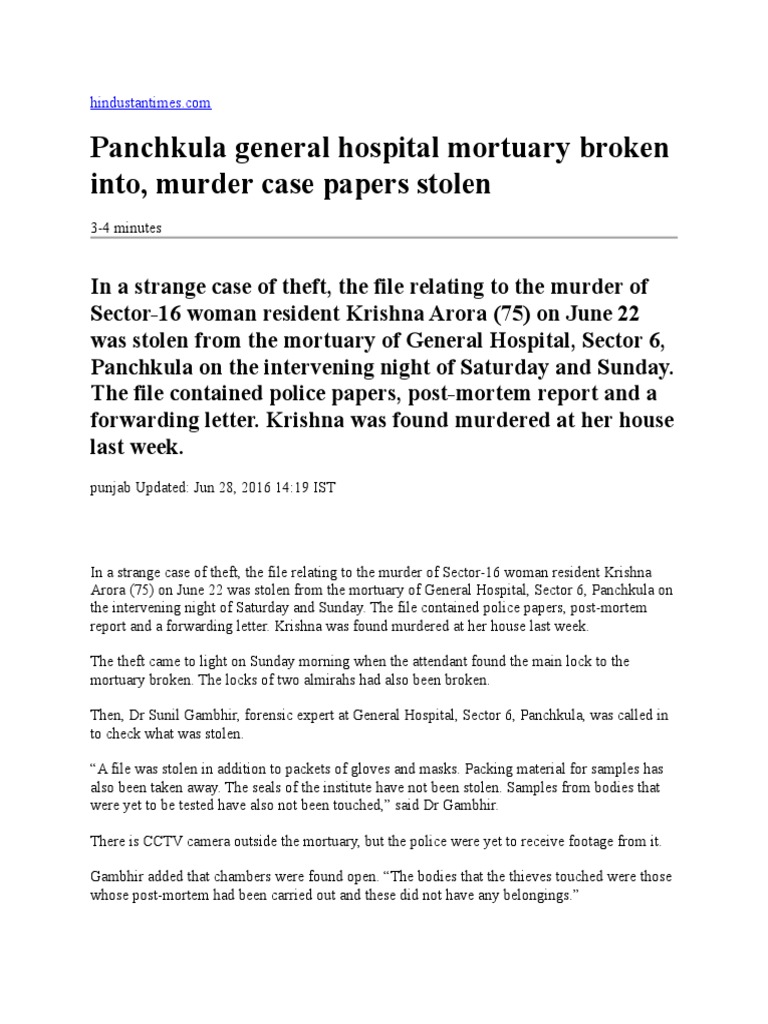 Panchkula General Hospital Mortuary Broken Into, Murder Case Papers ...