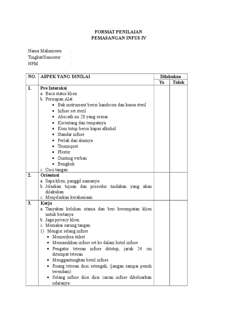 Format Penilaian Infus | PDF