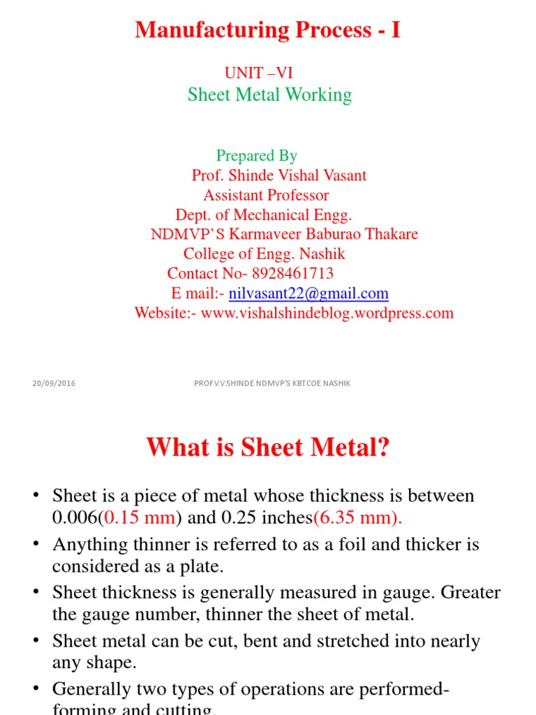 Manufacturing Process - I: Sheet Metal Working | PDF | Sheet Metal | Metals
