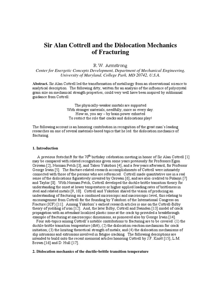 Sir Alan Cottrell and The Dislocation Mechanics of Fracturing | PDF ...