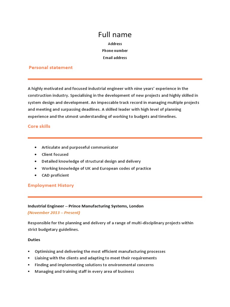 Fish4jobs Industrial Engineer CV Template | Download Free PDF ...