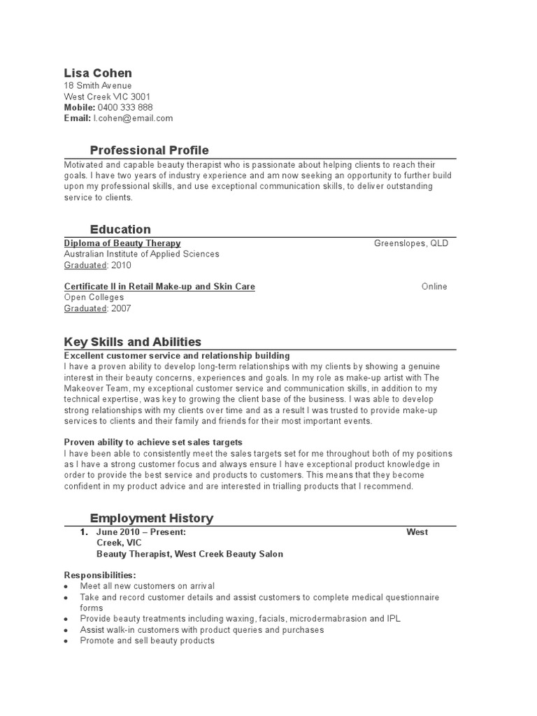 Beauty Therapist Resume Example | PDF | Psychotherapy | Cosmetics