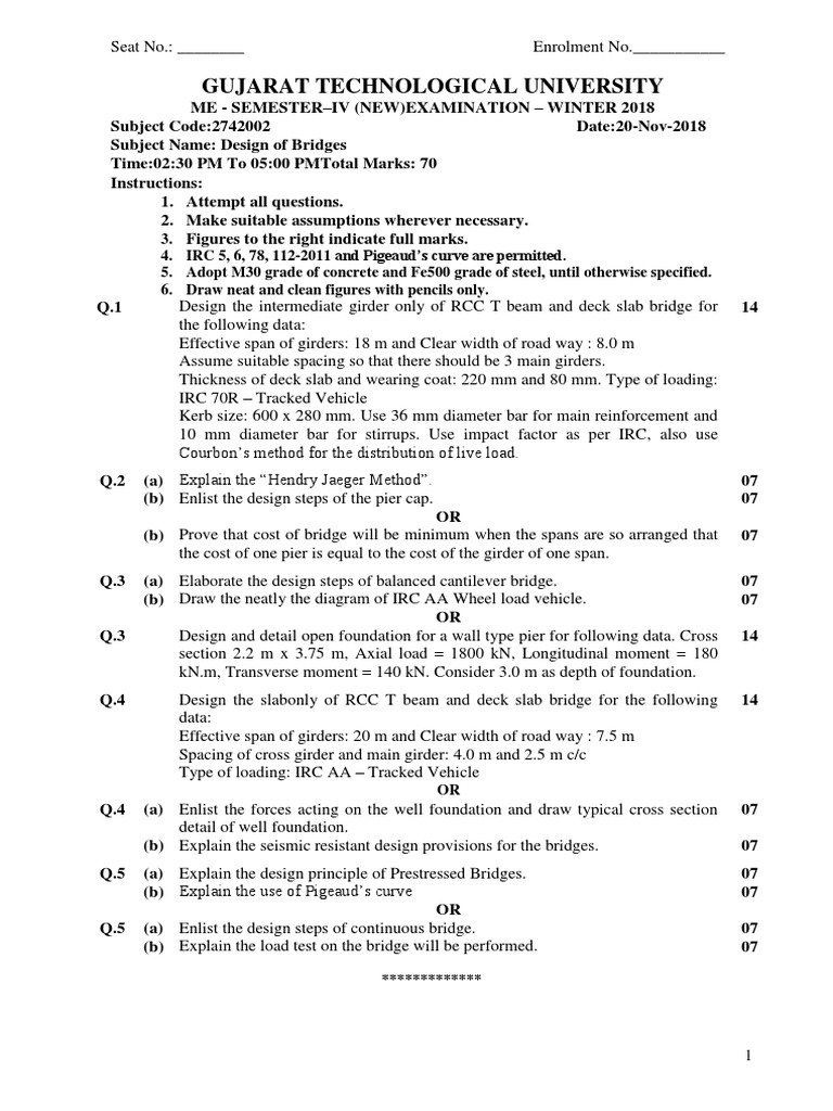 Bridge Design Exam Paper - Winter 2018 | PDF | Beam (Structure ...