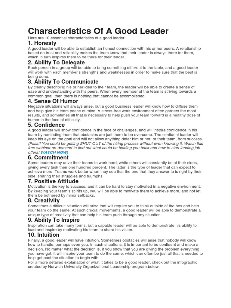 Characteristics of A Good Leader | PDF | Leadership | Teachers