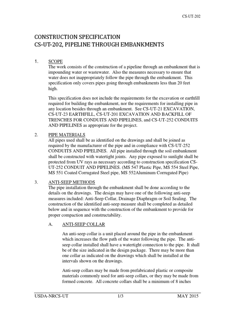 Pipeline Through Embankments Construction Specification | PDF | Pipe ...