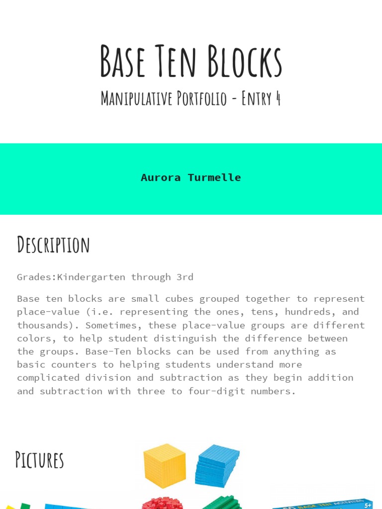 Base Ten Blocks - Manipulative Portfolio - Entry 4 | PDF | Subtraction ...