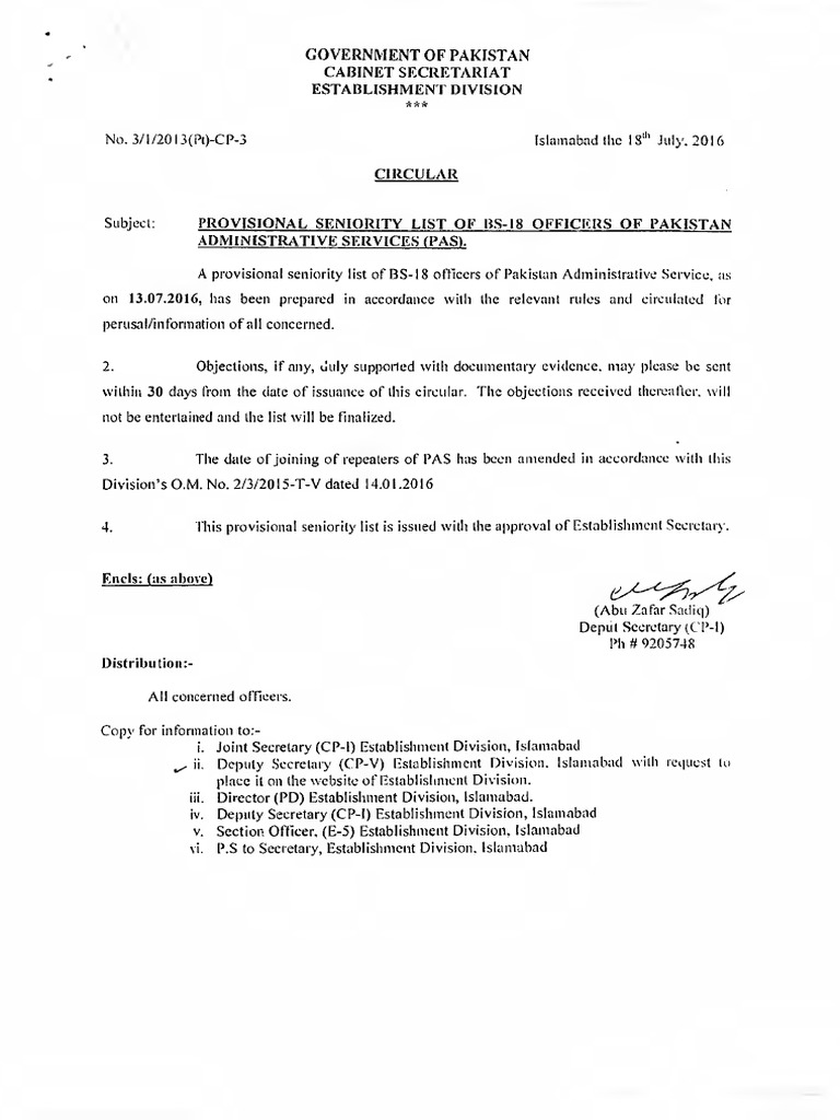 Provisional Seniority List Of BS 18 Officers Of PAS PDF PDF Khyber