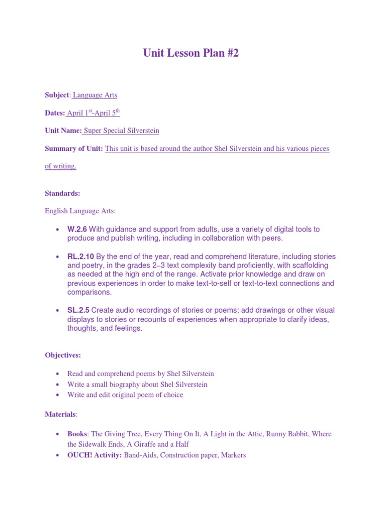 Shel Silverstein Poetry Unit Plan | PDF | Poetry | Pedagogy