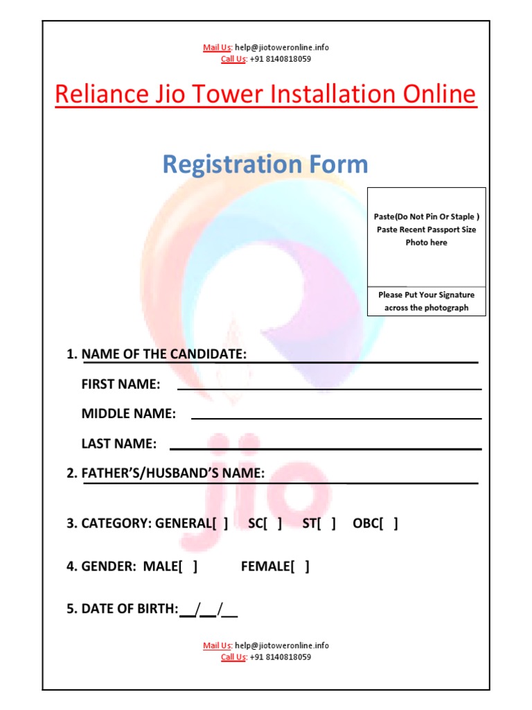 Reliance Jio Tower Installation Online: Registration Form | PDF ...