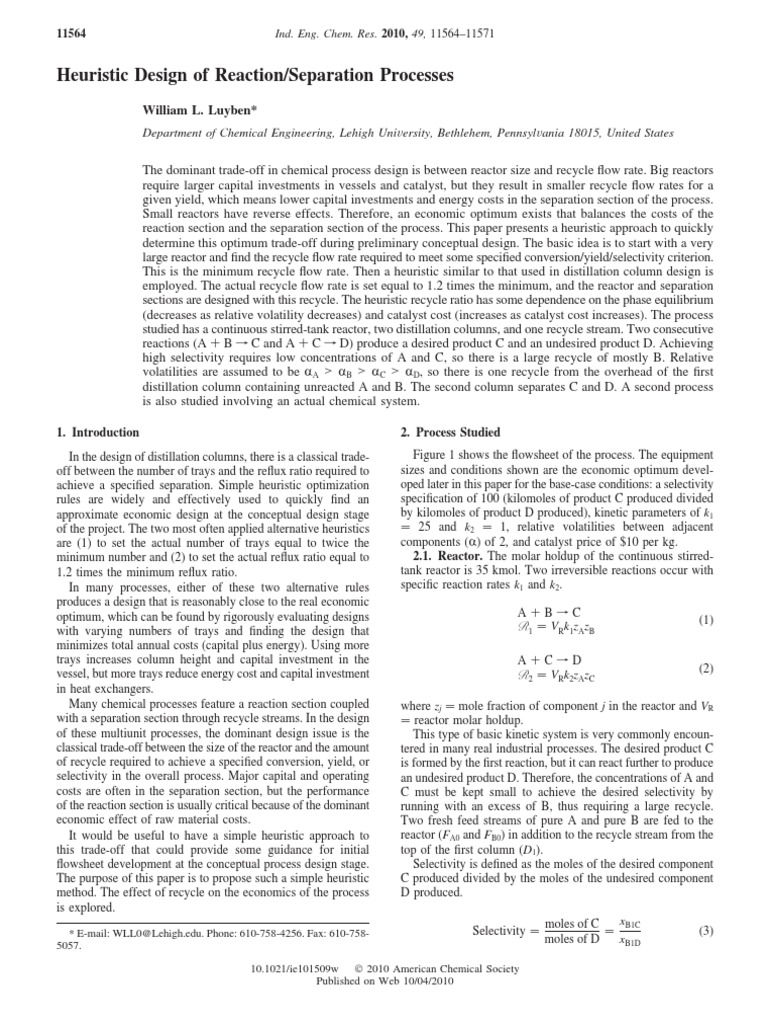 Heuristic Design of Reaction/Separation Processes | PDF | Chemical Reactor | Reaction Rate