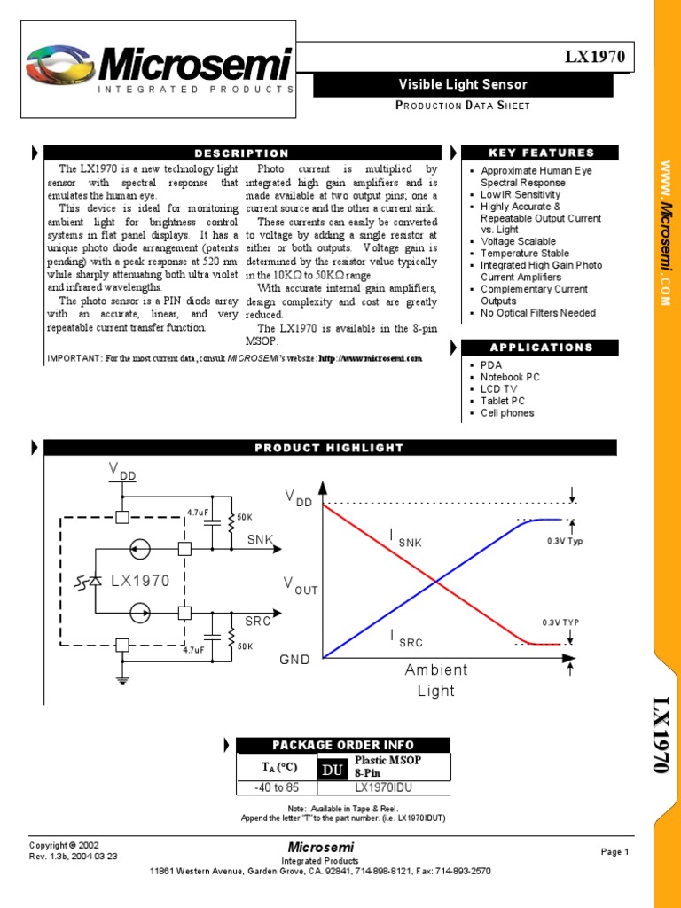 Visible Light Sensor: Description Key Features | PDF | Infrared | Light