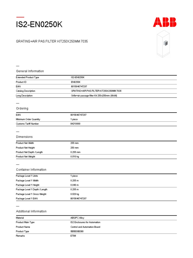 IS2-EN0250K: Grating+Air Pas - Filter Kit250X250Mm 7035 | PDF