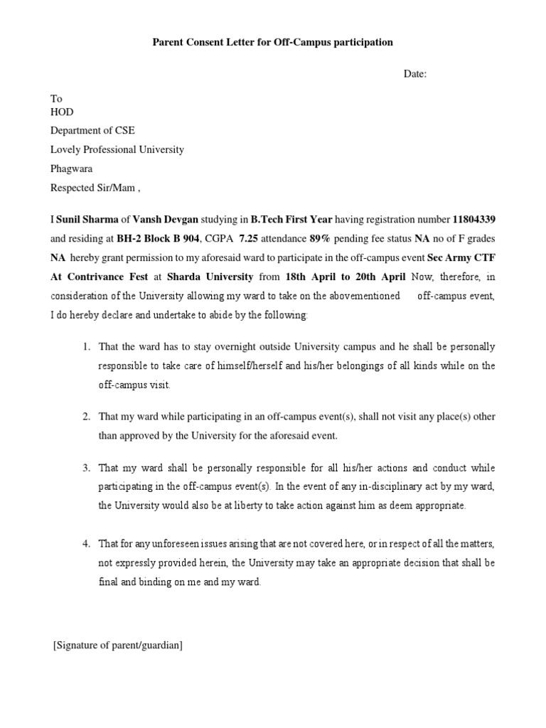 Parent Consent Letter | PDF