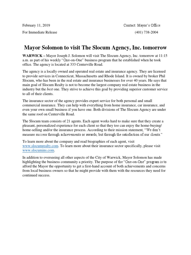 Mayor Solomon Visits Slocum Agency | PDF