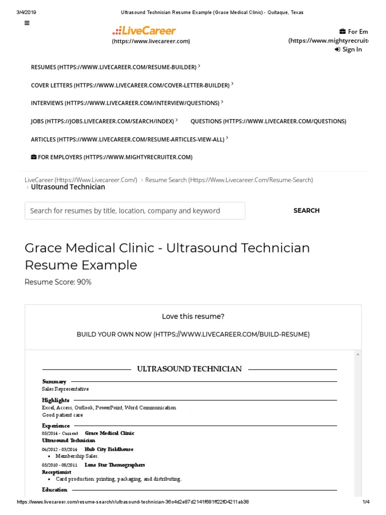 Ultrasound Technician Resume Example (Grace Medical Clinic) - Quitaque ...