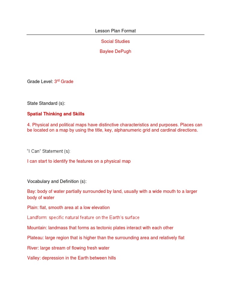 Lesson Plan Format: Spatial Thinking and Skills | PDF | Map | Valley