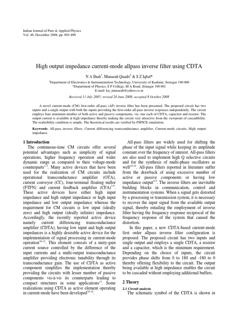 High Output Impedance Current-Mode Allpass Inverse Filter Using CDTA | PDF | Passivity ...