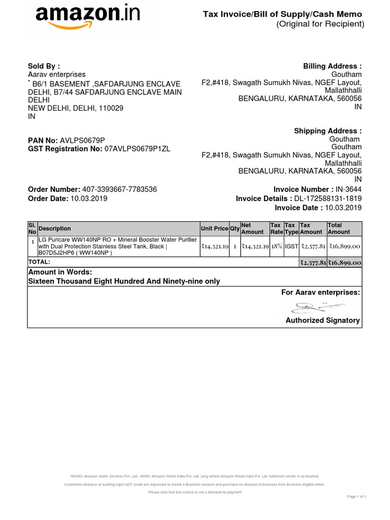 Analysis of a Tax Invoice Documenting the Sale of a Water Purifier from ...