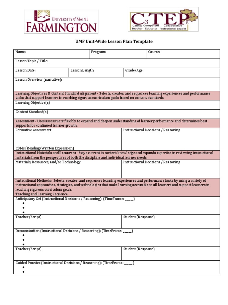UMF Unit-Wide Lesson Plan Template | PDF | Teachers | Curriculum