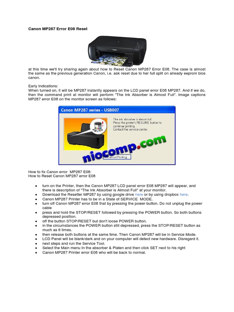 Canon MP287 Error E08 Reset | PDF | Printer (Computing) | Computer Monitor