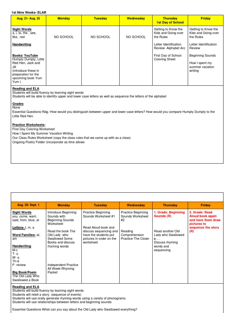 1st 9 Weeks Weekly ELAR Calendar | PDF | Reading Comprehension ...