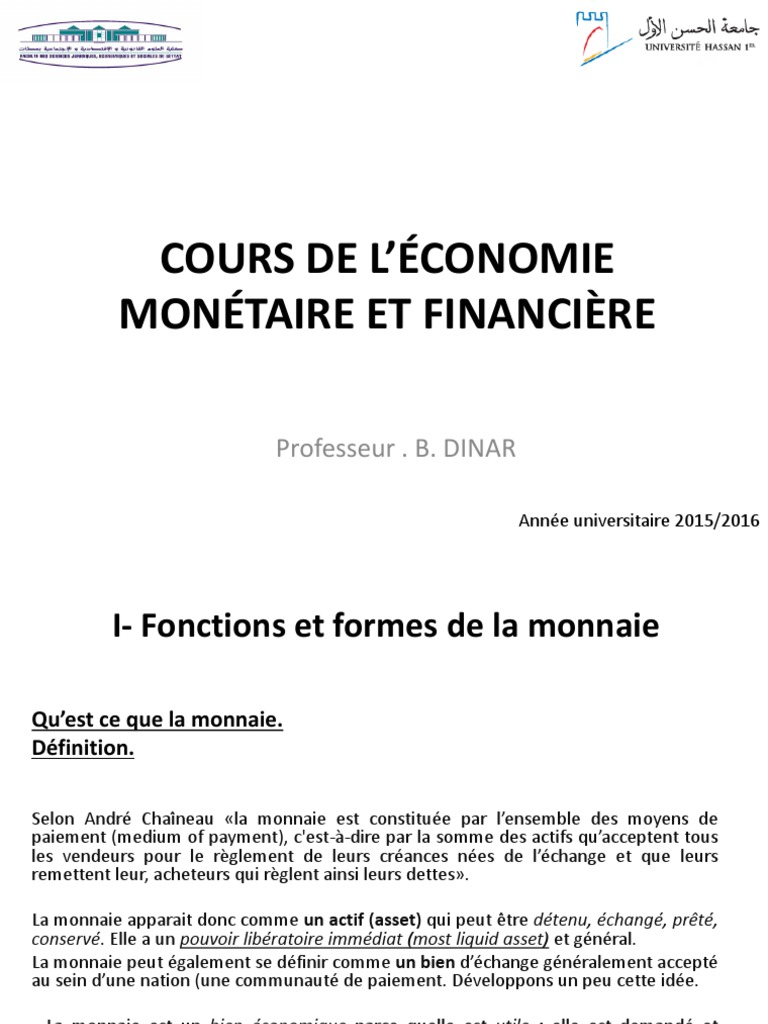 Cours Économie Monétaire | PDF | Création de l'argent | Argent