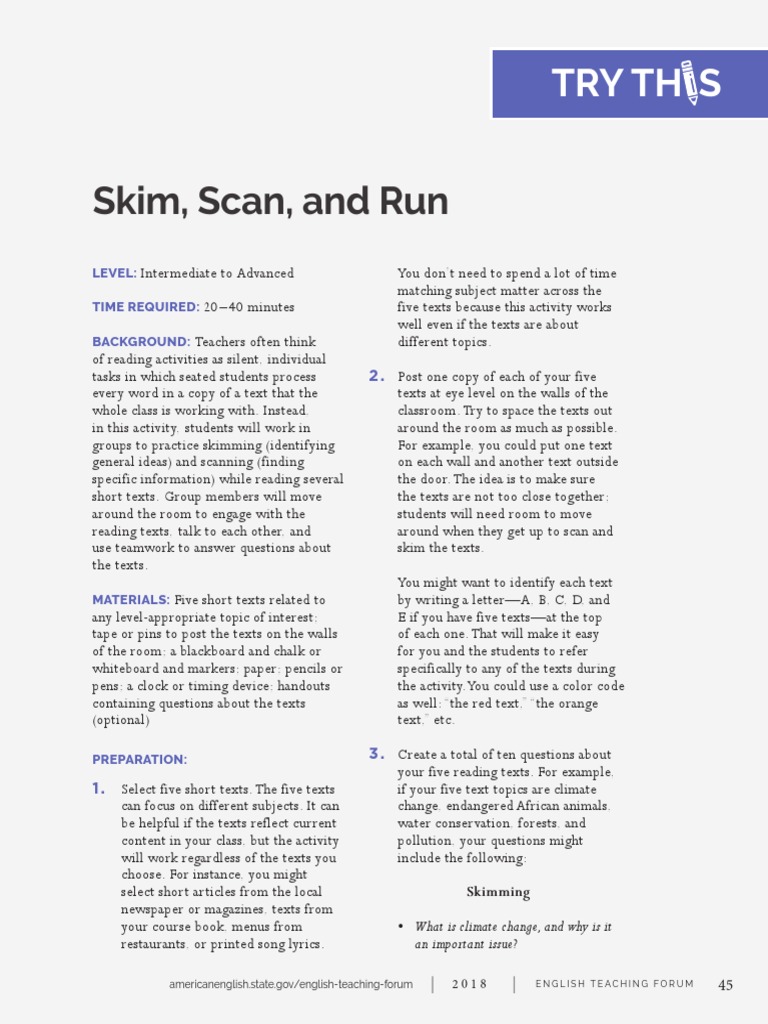 Skimming Scanning Text PDF | Download Free PDF | Reuse | Speed Reading