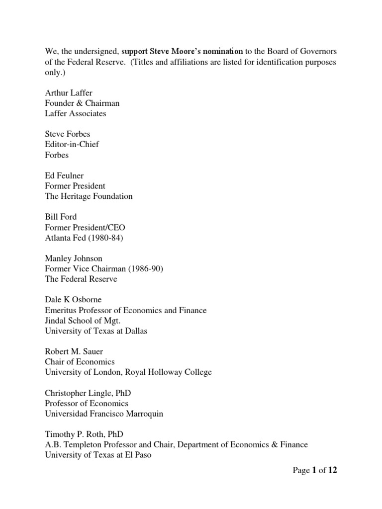 Support for Steve Moore's Fed Nomination | PDF | Professor | Economies