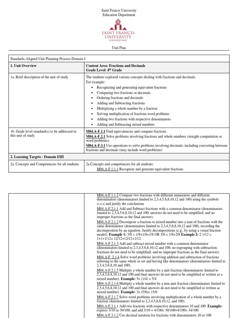 Unit Plan Cover Sheet | PDF | Fraction (Mathematics) | Cognitive Science