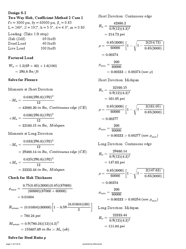 Design S-2 Two Way Slab, Coefficient Method 2 Case 1: Page 1 of 2 (S-2 ...