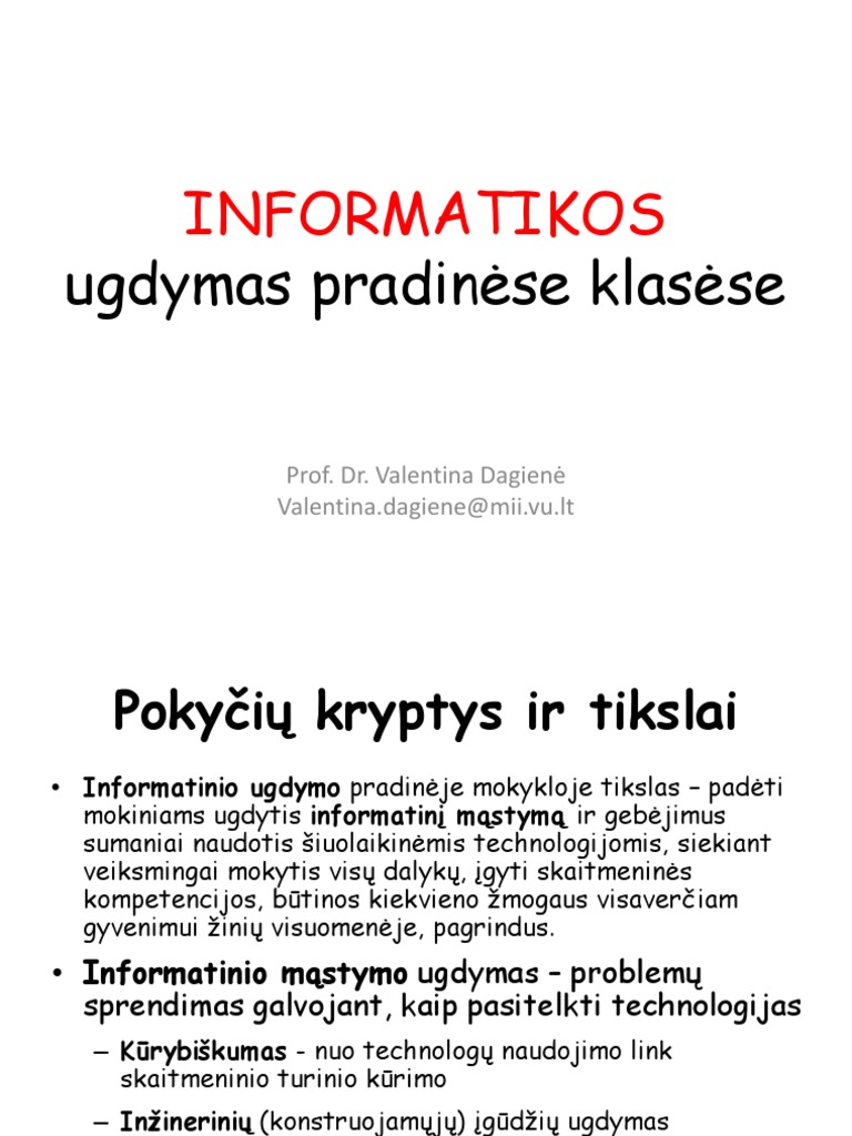Valentina Dagiene Informatikos Ugdymas Pradinese Klasese PDF | PDF