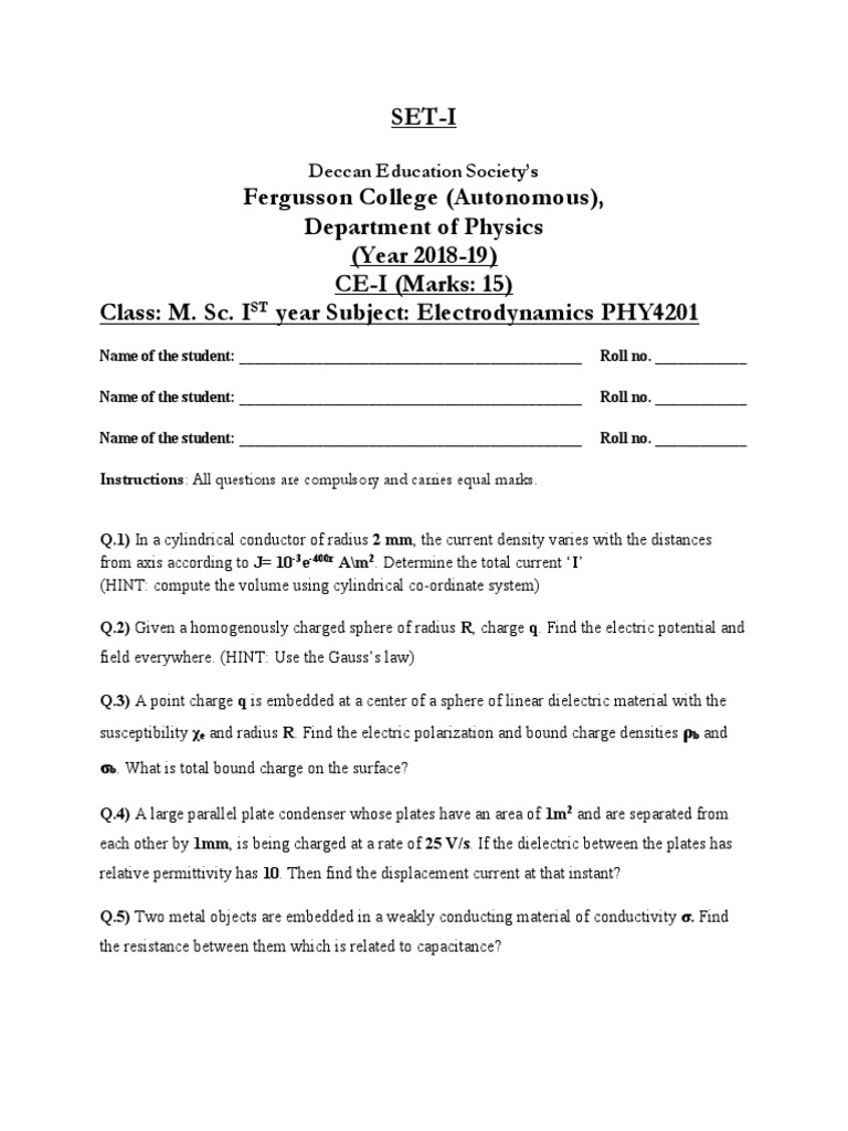 Set-I Fergusson College (Autonomous), Department of Physics (Year 2018 ...