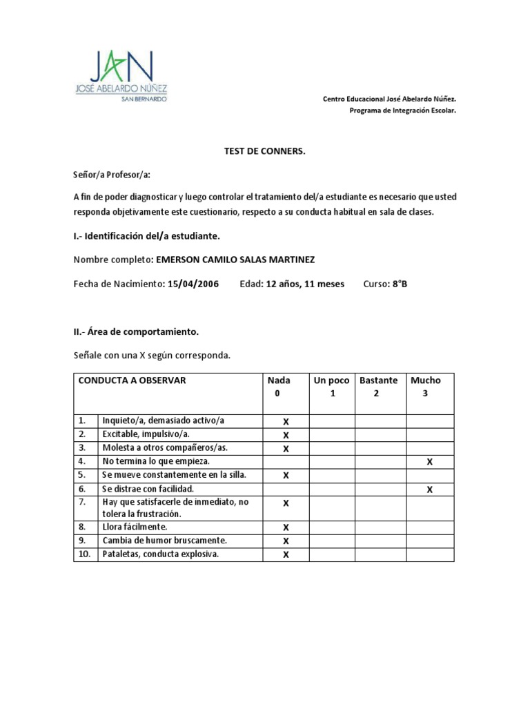 Test de Conners Digitalizado. | PDF | Desorden hiperactivo y deficit de ...