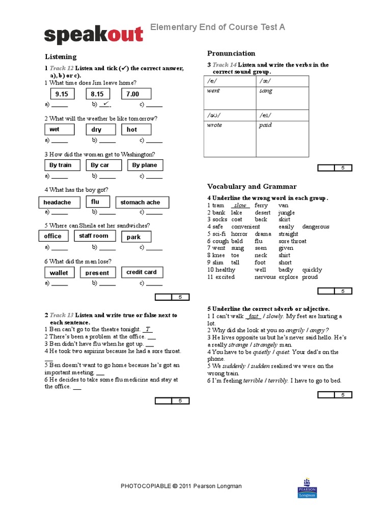 Elementary End of Course Test A: Listening Pronunciation | PDF