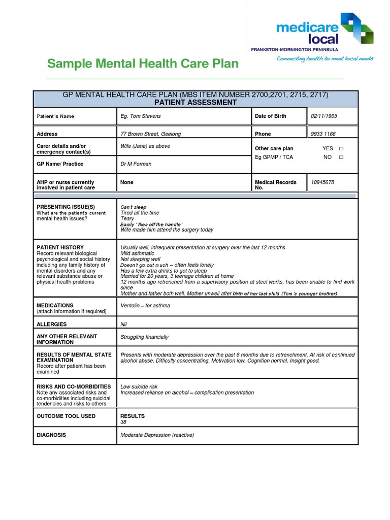 Sample Mental Health Care Plan | PDF | Major Depressive Disorder ...