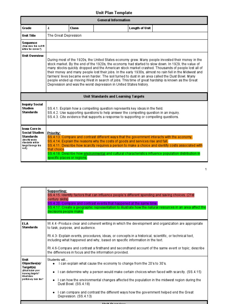 Grade 4 Unit Plan: The Great Depression | PDF | Great Depression | Stocks