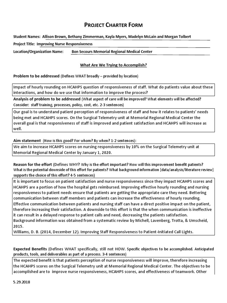 Project Charter Assignment | PDF | Nursing | Patient
