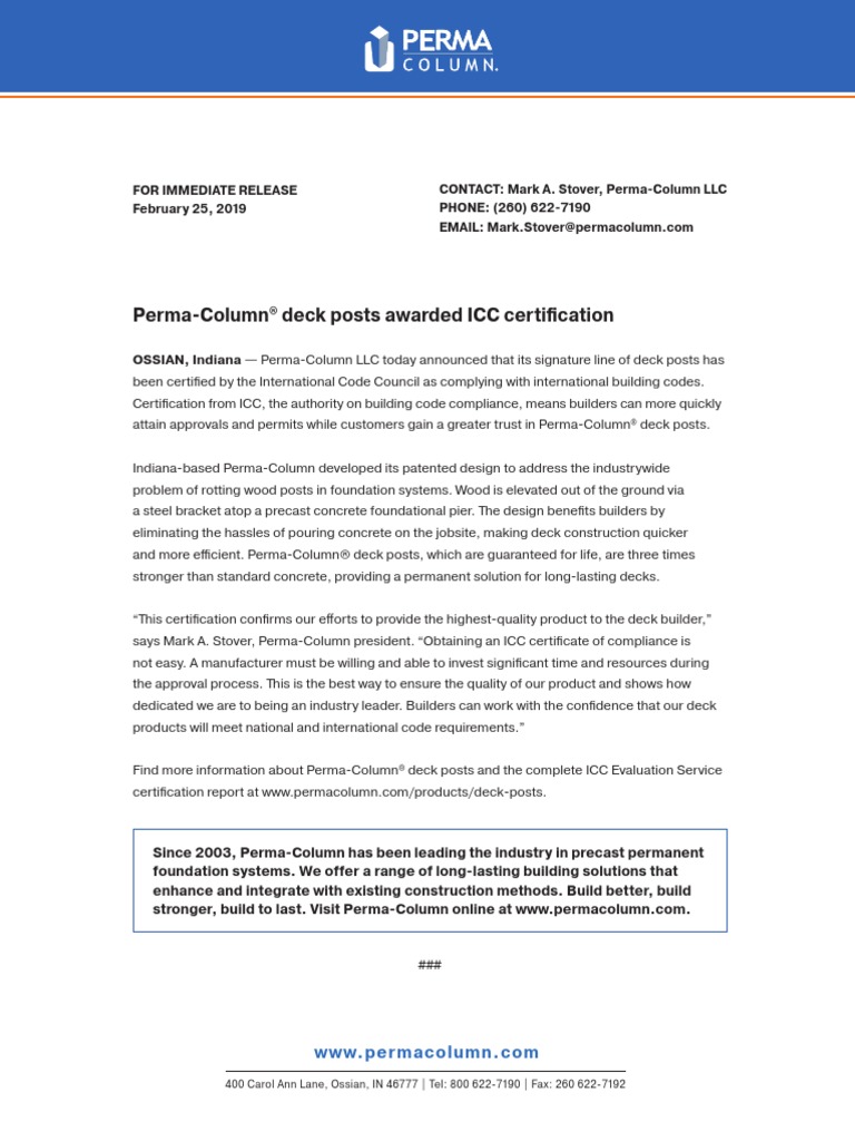 Perma-Column Deck Posts Awarded ICC Certification | PDF