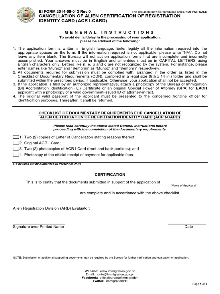 Checklist For Cancellation of ACR I-Card | PDF | Identity Document ...