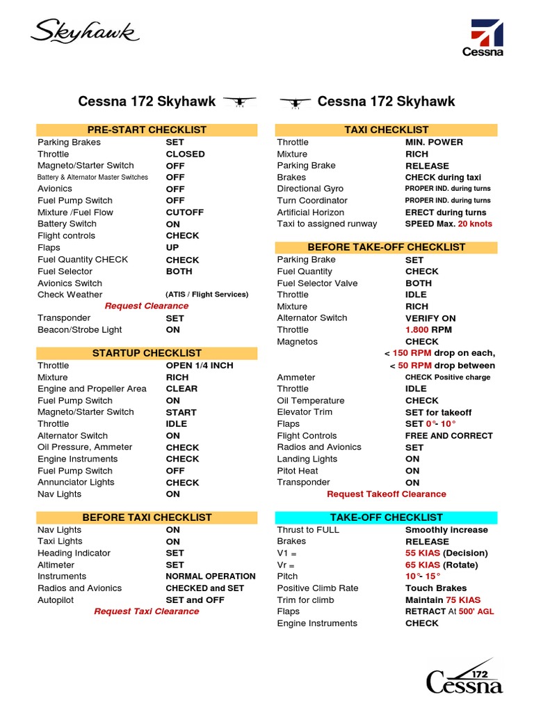 C-172 Skyhawk Checklist | PDF | Takeoff | Throttle