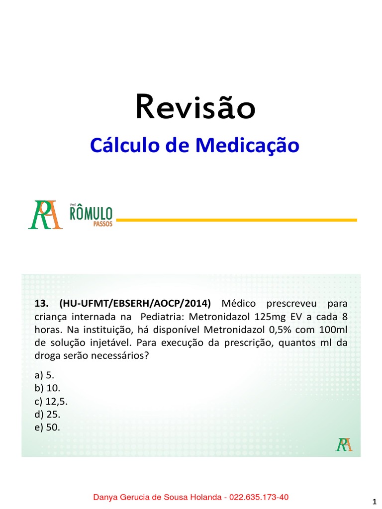 Cálculo de Medicação - Revisão | Medicina clínica | Bem-estar