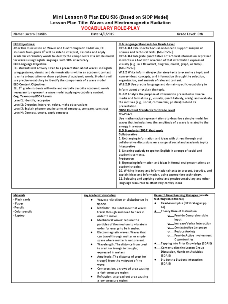 Mini Lesson 8 P: Lan EDU 536 (Based On SIOP Model) Lesson Plan Title ...