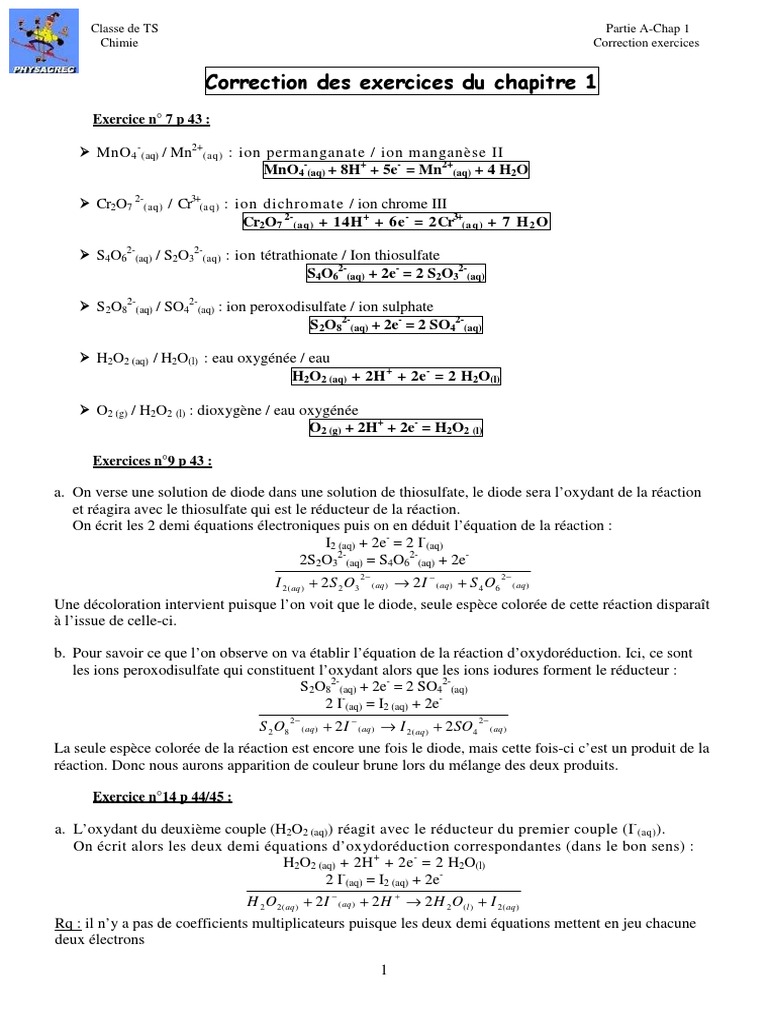 Chimie A Chap1 Correction Exos | PDF | Peroxyde d'hydrogène | Réaction d'oxydoréduction