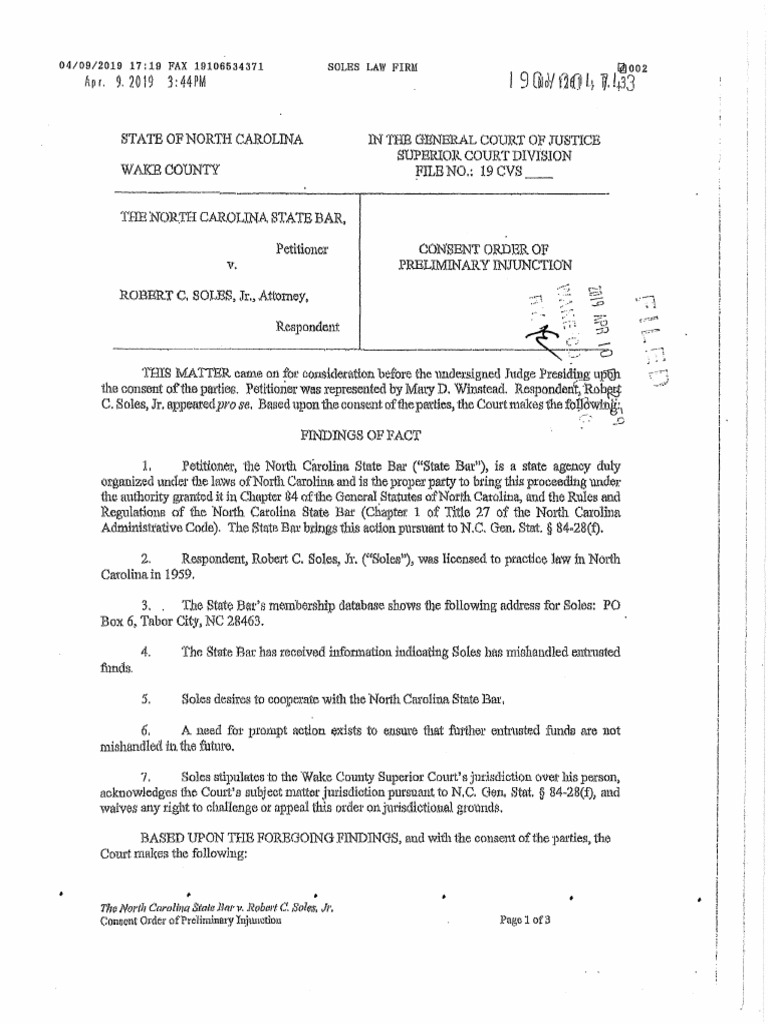 Preliminary Injunction Robert C Soles JR | PDF | Practice Of Law | Virtue