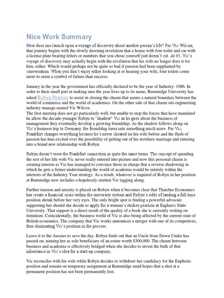 Nice Work Summary: Robyn Penrose | PDF | Narration