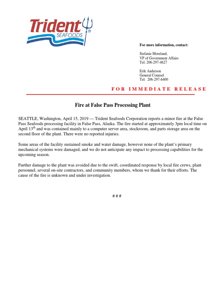 Trident Press Release On False Pass Plant Fire | PDF