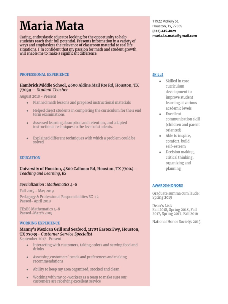 Maria Mata Resume | PDF | Teachers | Education Theory